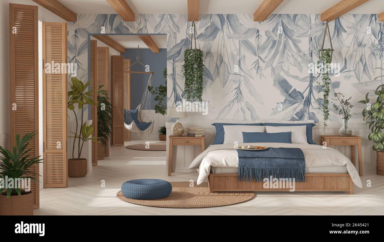 Bohemian wooden bedroom in boho style in white and blue tones. Double ...