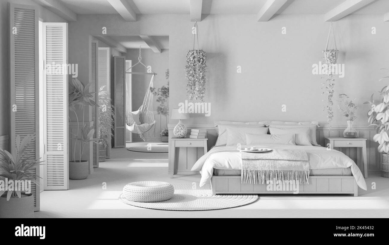 Total white project draft, bohemian wooden bedroom in boho style ...