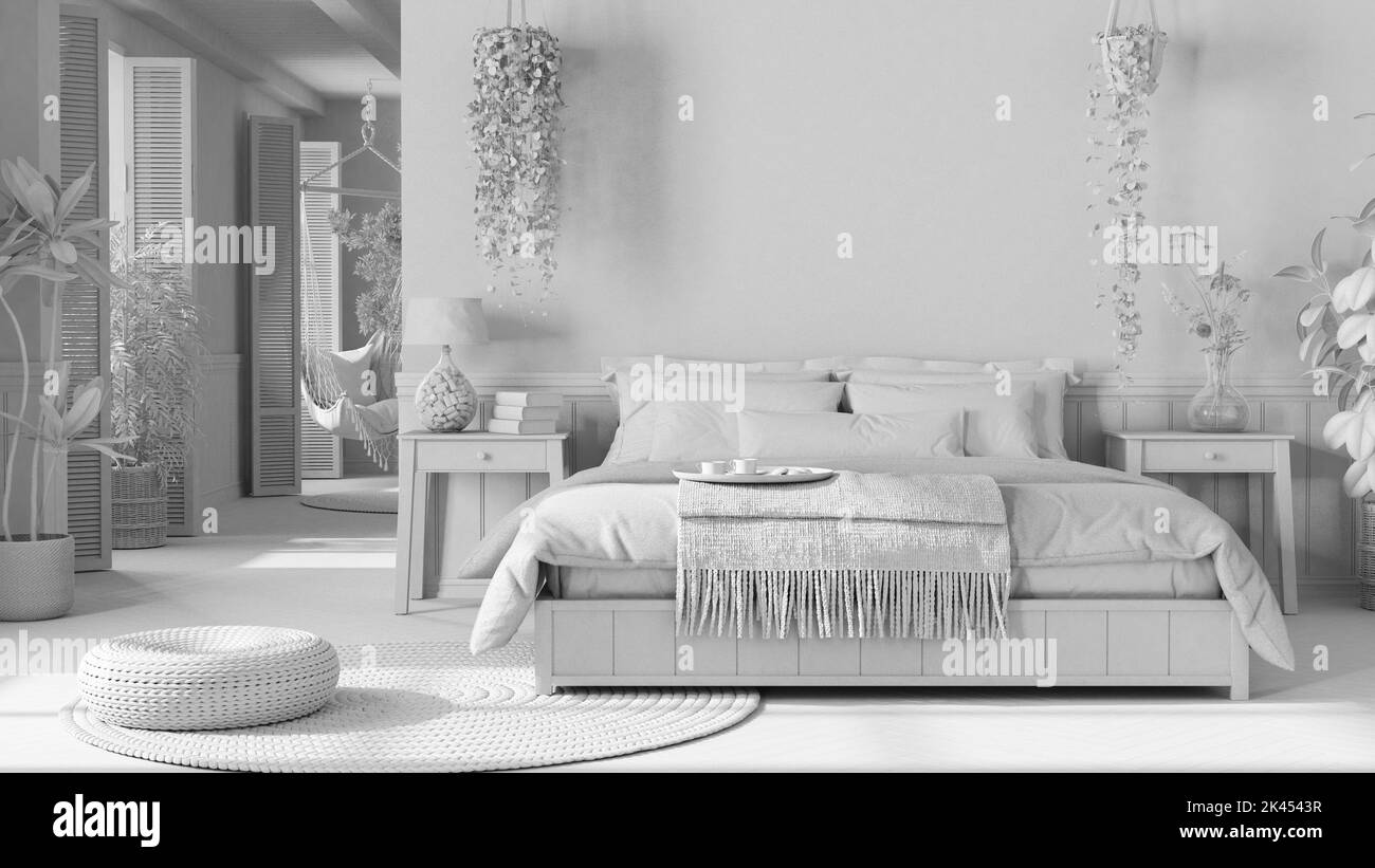 Total white project draft, farmhouse wooden bedroom in boho style ...
