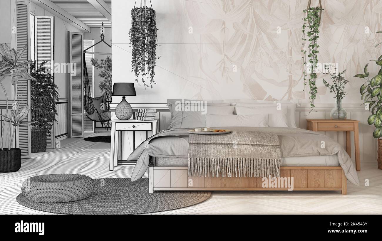 Architect interior designer concept: hand-drawn draft unfinished ...