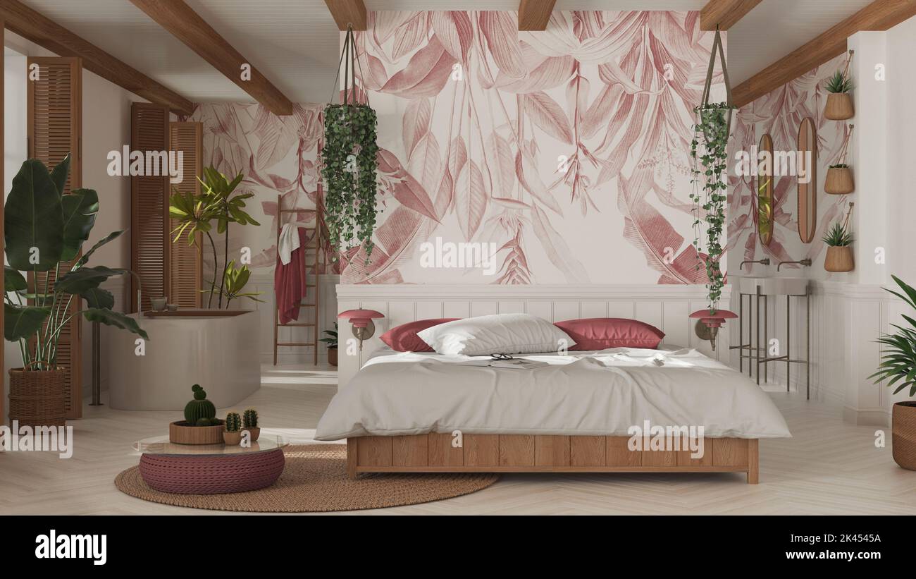 Bohemian wooden bedroom and bathroom in boho style in white and red ...