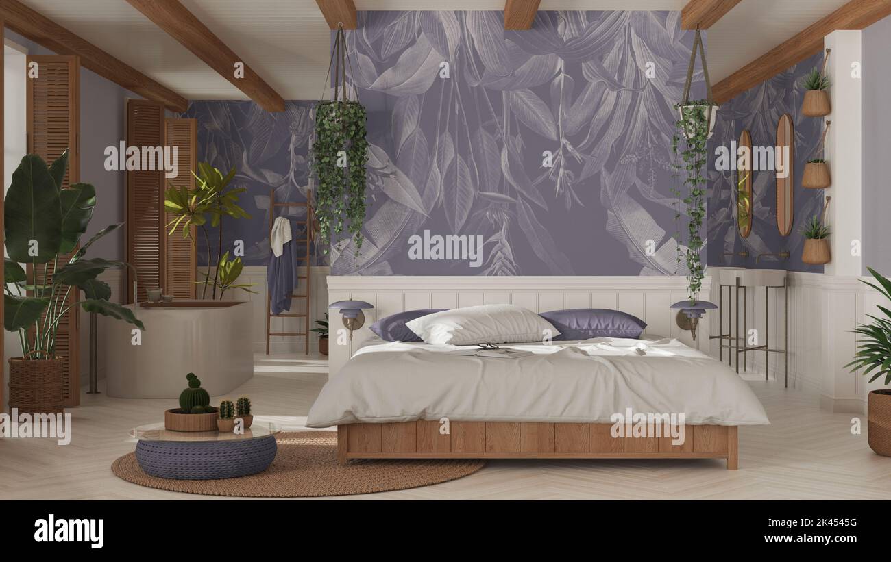 Bohemian wooden bedroom and bathroom in boho style in white and purple ...
