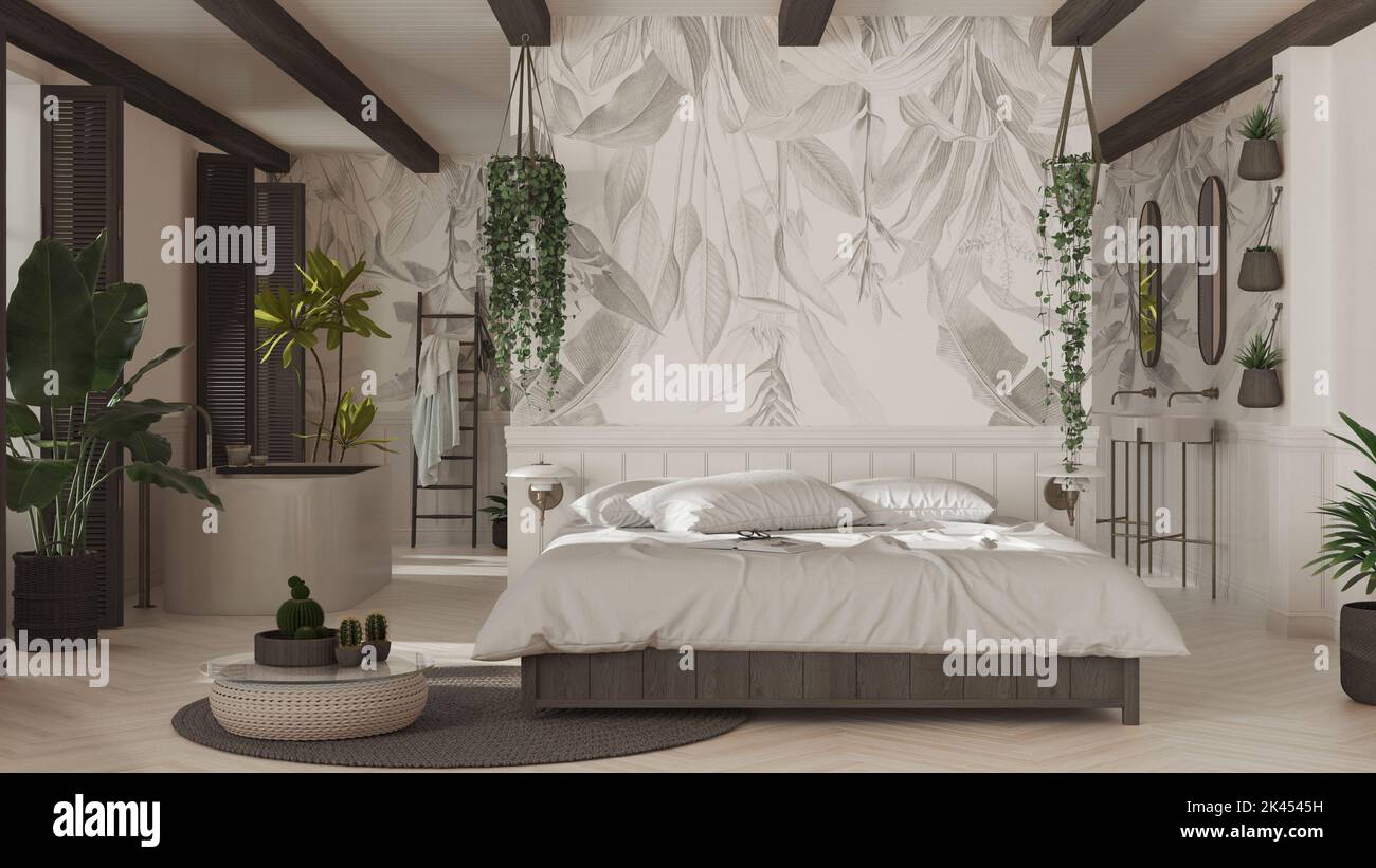 Bohemian wooden bedroom and bathroom in boho style in white and dark ...