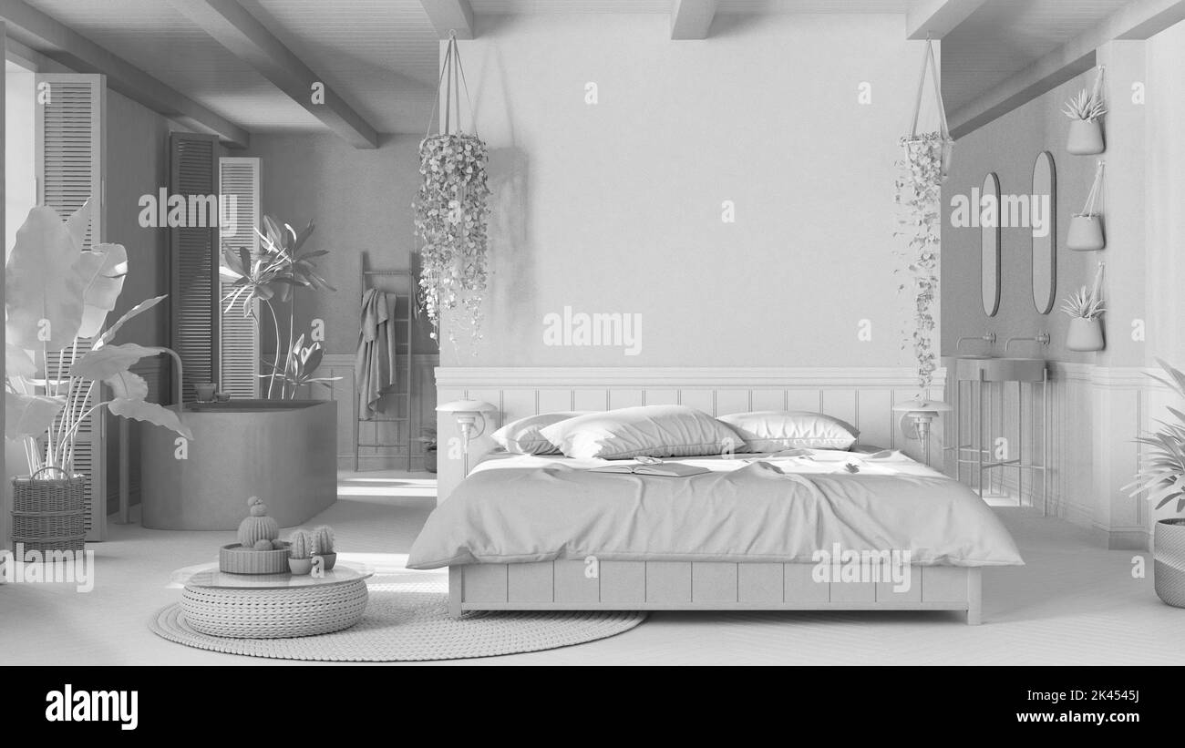 Total white project draft, bohemian wooden bedroom and bathroom in boho ...