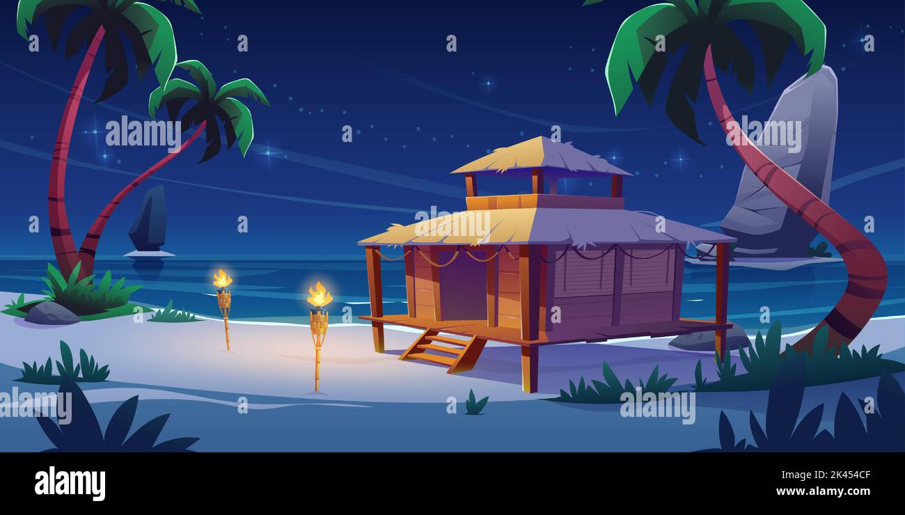 Beach hut or bungalow at night on tropical island, summer shack with ...