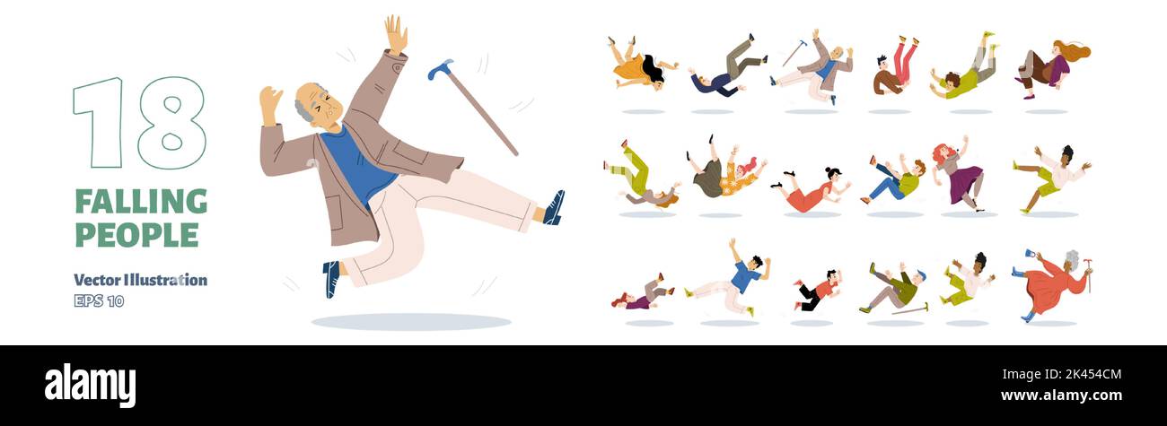 Falling people set, senior and young characters fall down in ridiculous ...