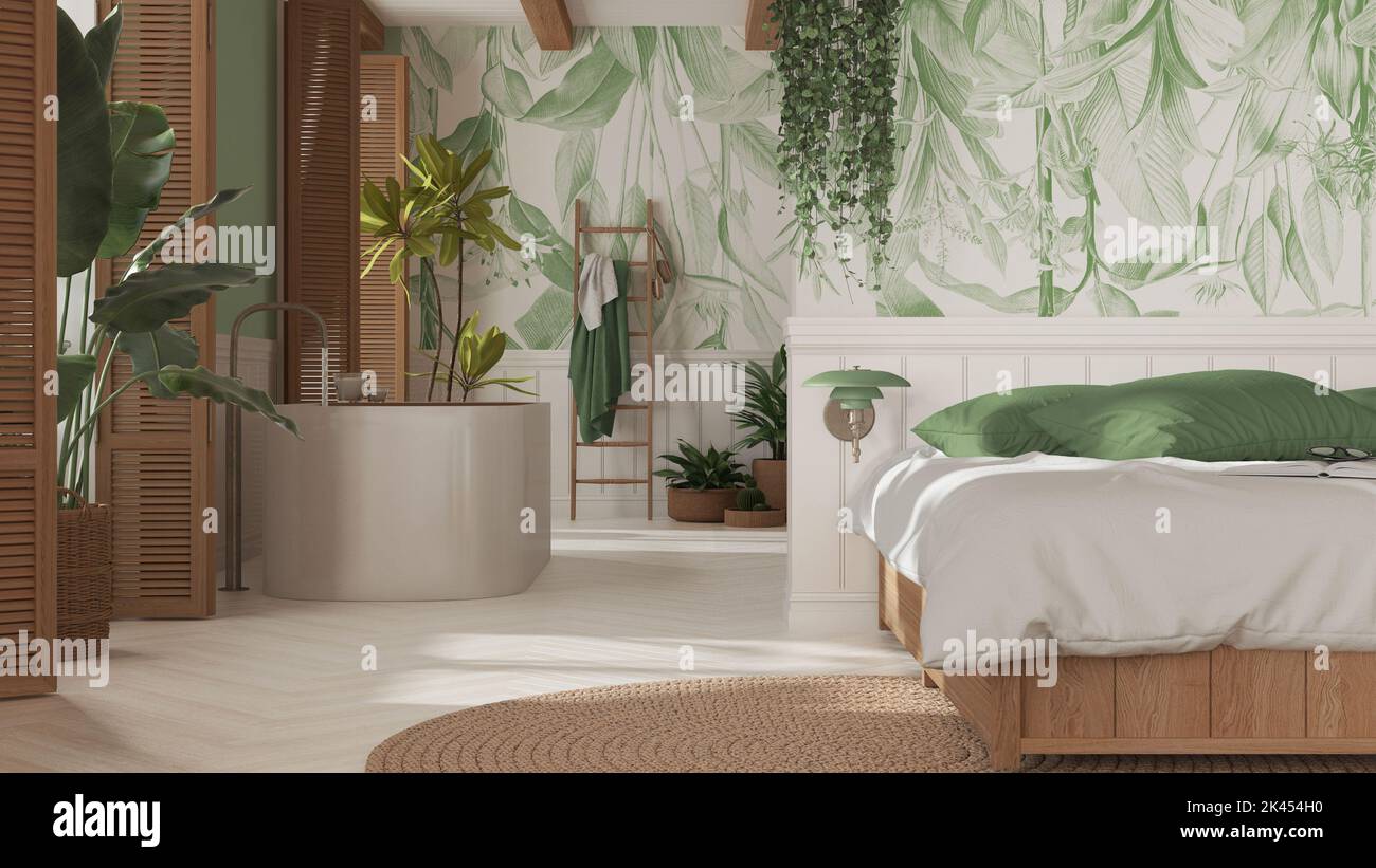 Bohemian wooden bedroom and bathroom in boho style in white and green ...