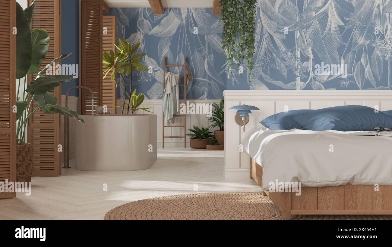 Bohemian wooden bedroom and bathroom in boho style in white and blue ...