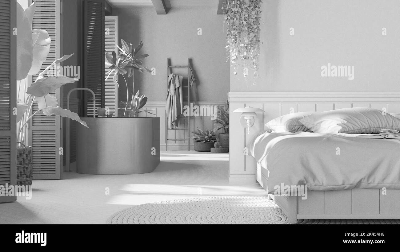 Total white project draft, bohemian wooden bedroom and bathroom in boho ...