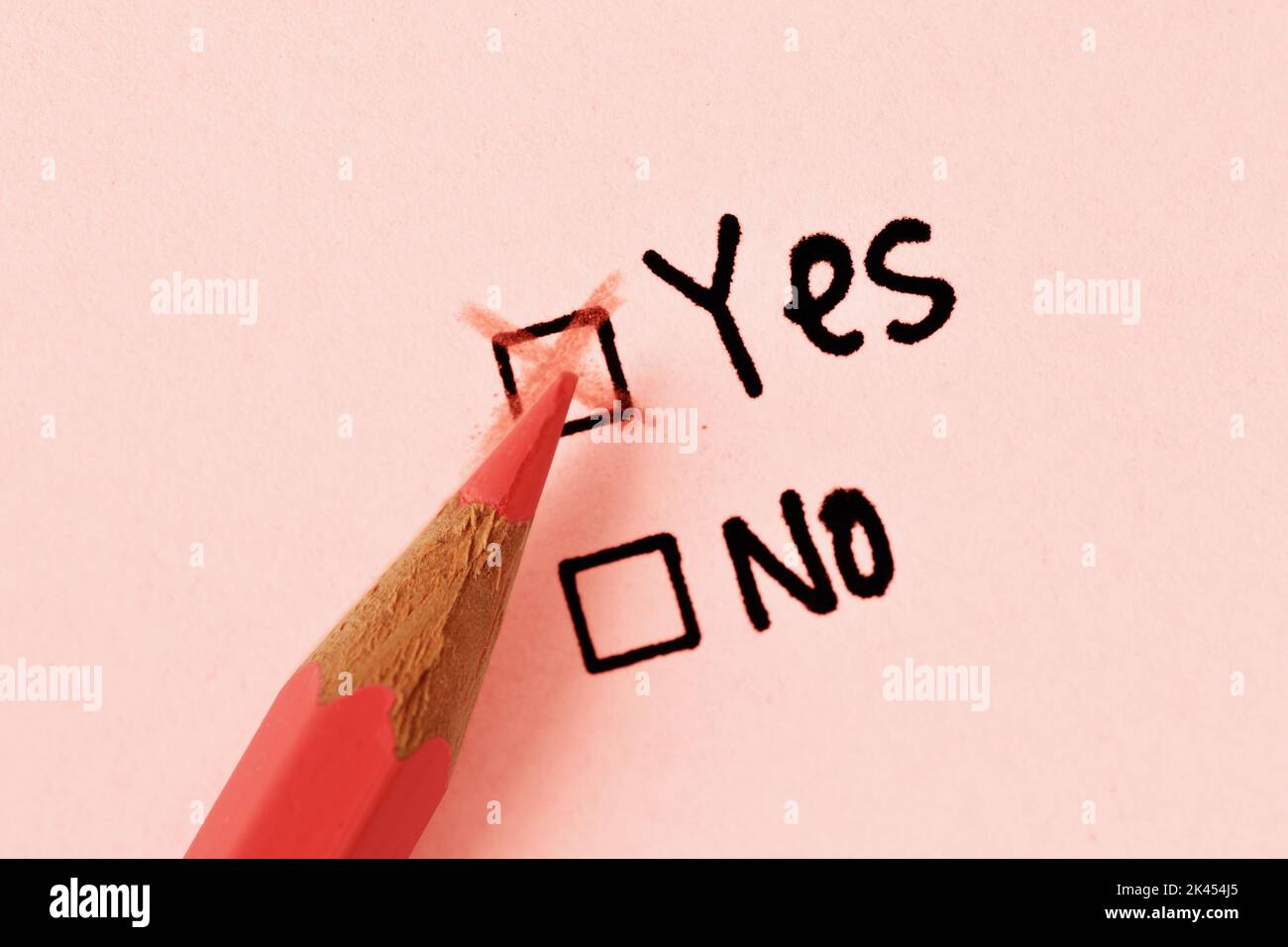 Close Up Of Pink Pencil And Yes No Checkbox With Yes Box Checked