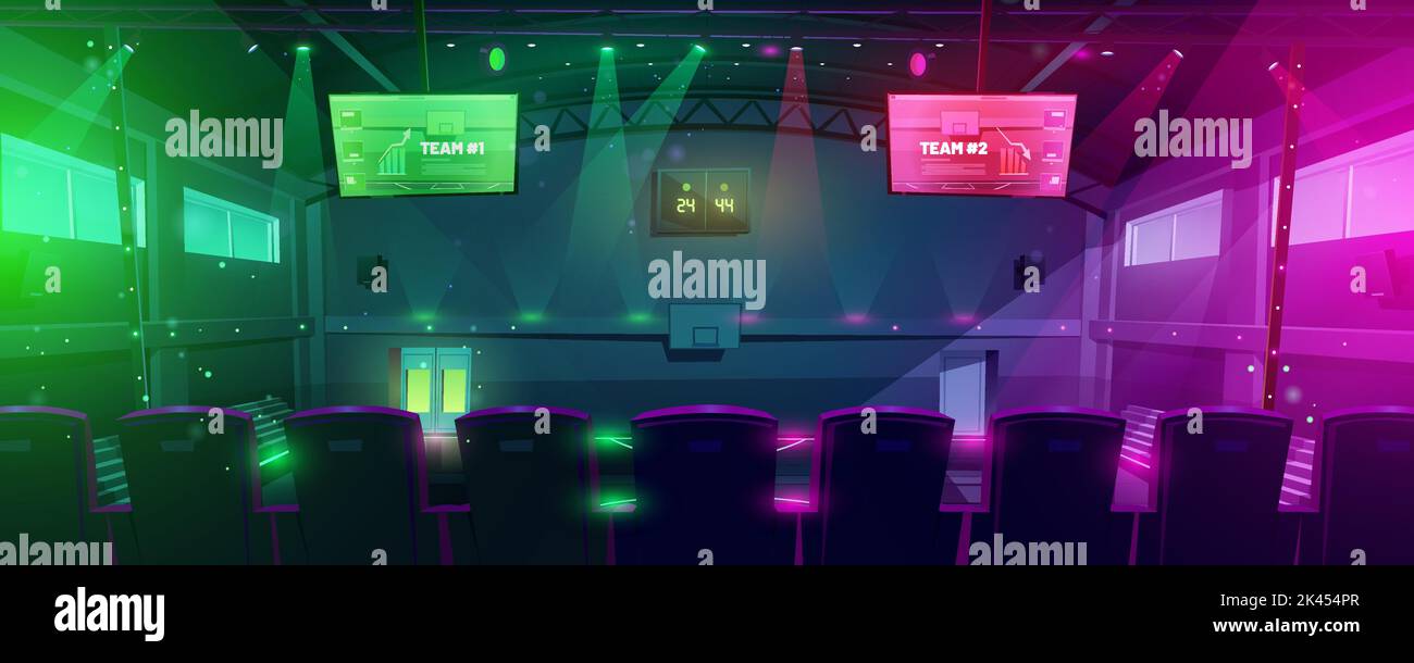 Cartoon basketball court with game score on electronic screen templates ...