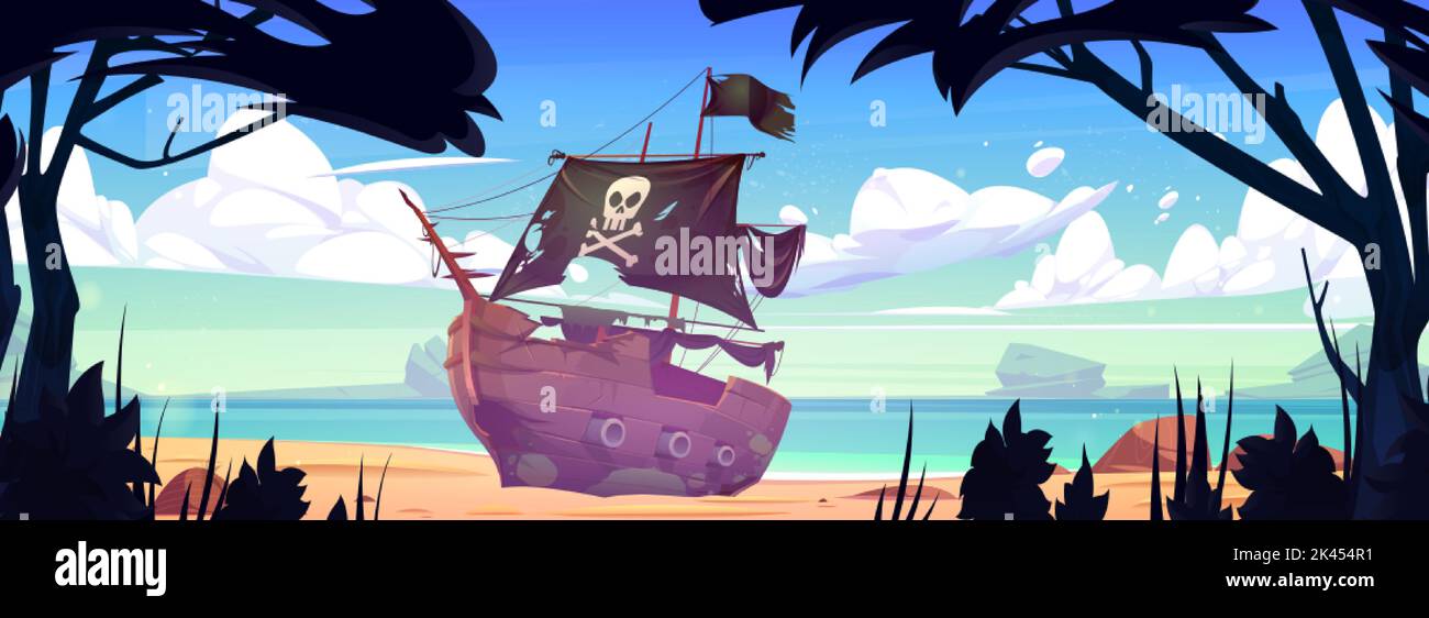 Sea beach with broken pirate ship after shipwreck and jungle trees ...