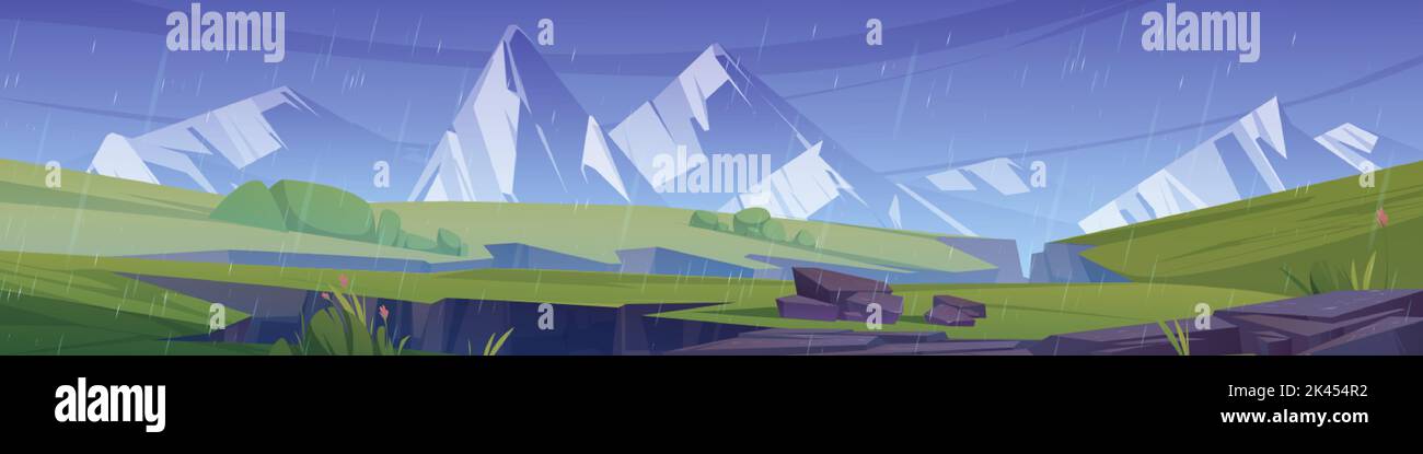 Mountain landscape with meadows and chasms in rain. Summer panorama ...