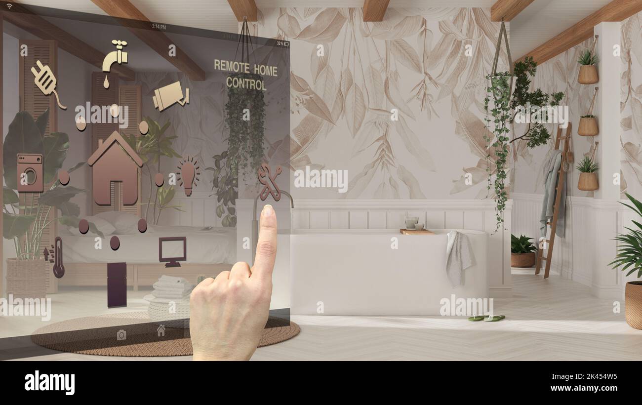 Smart home control concept, hand controlling digital interface from ...