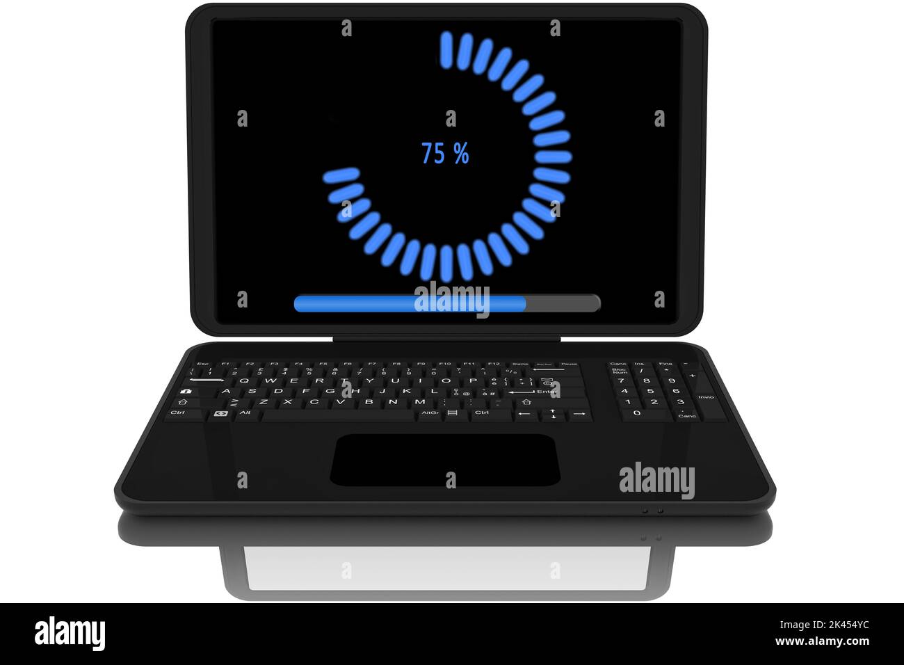 3D illustration. Open laptop computer with file download symbol Stock ...