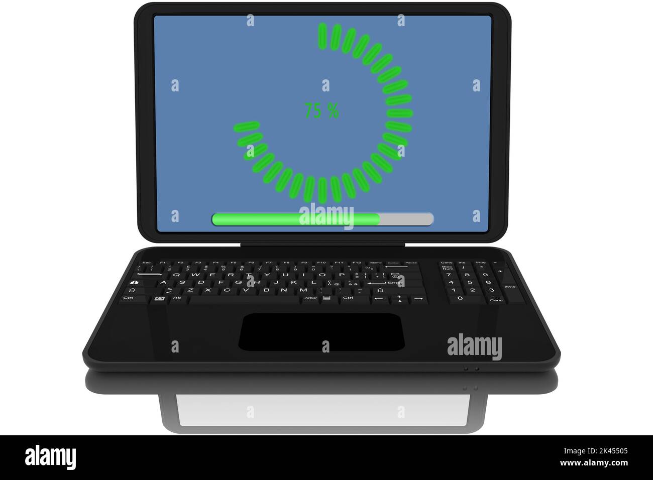 3D illustration. Open laptop computer with file download symbol Stock ...