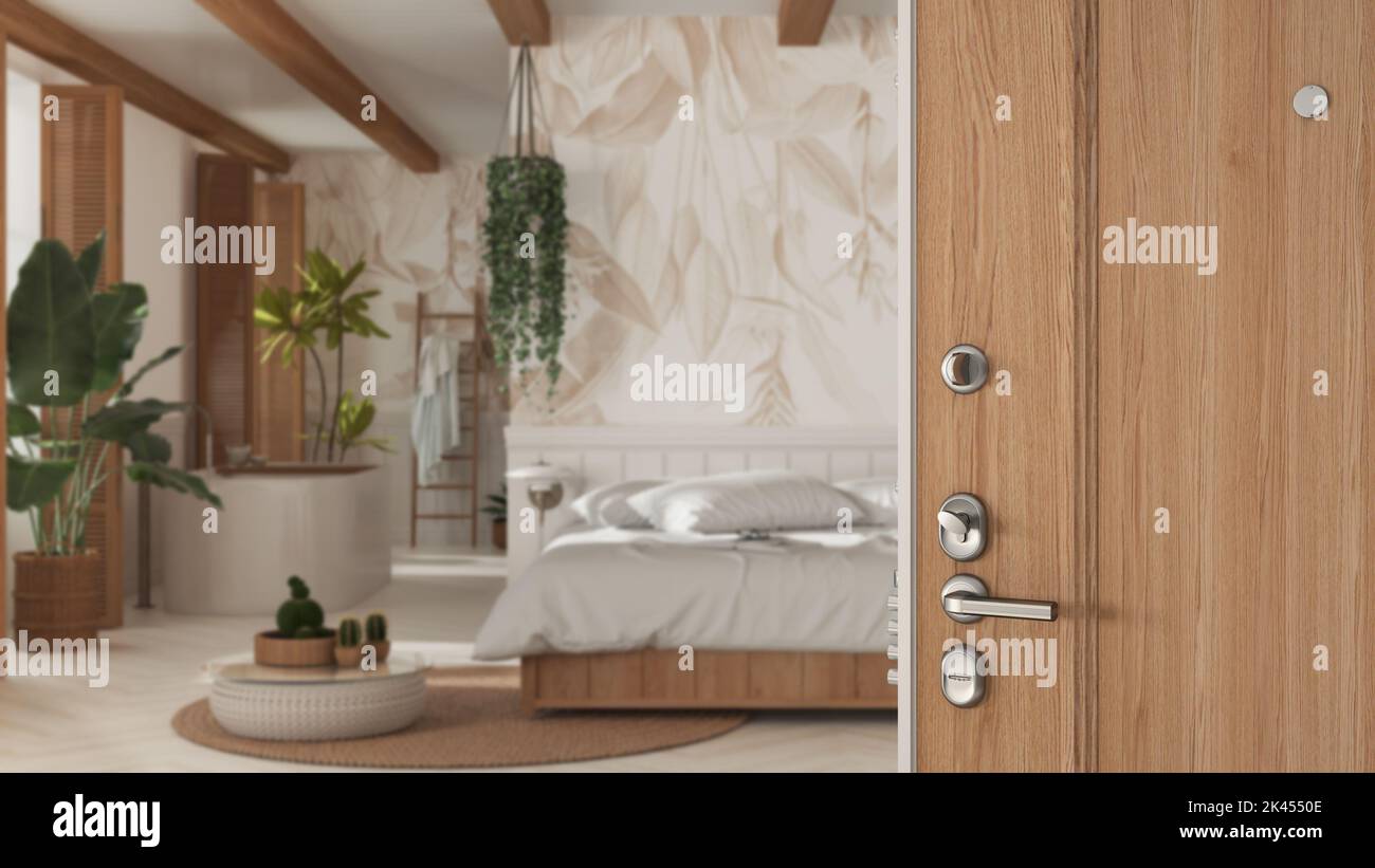 Wooden entrance door opening on bohemian wooden bathroom and bedroom in ...