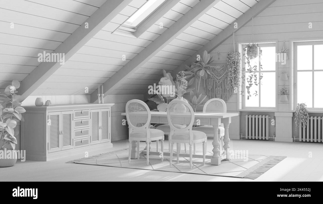 Total white project draft, farmhouse mezzanine living room in boho ...