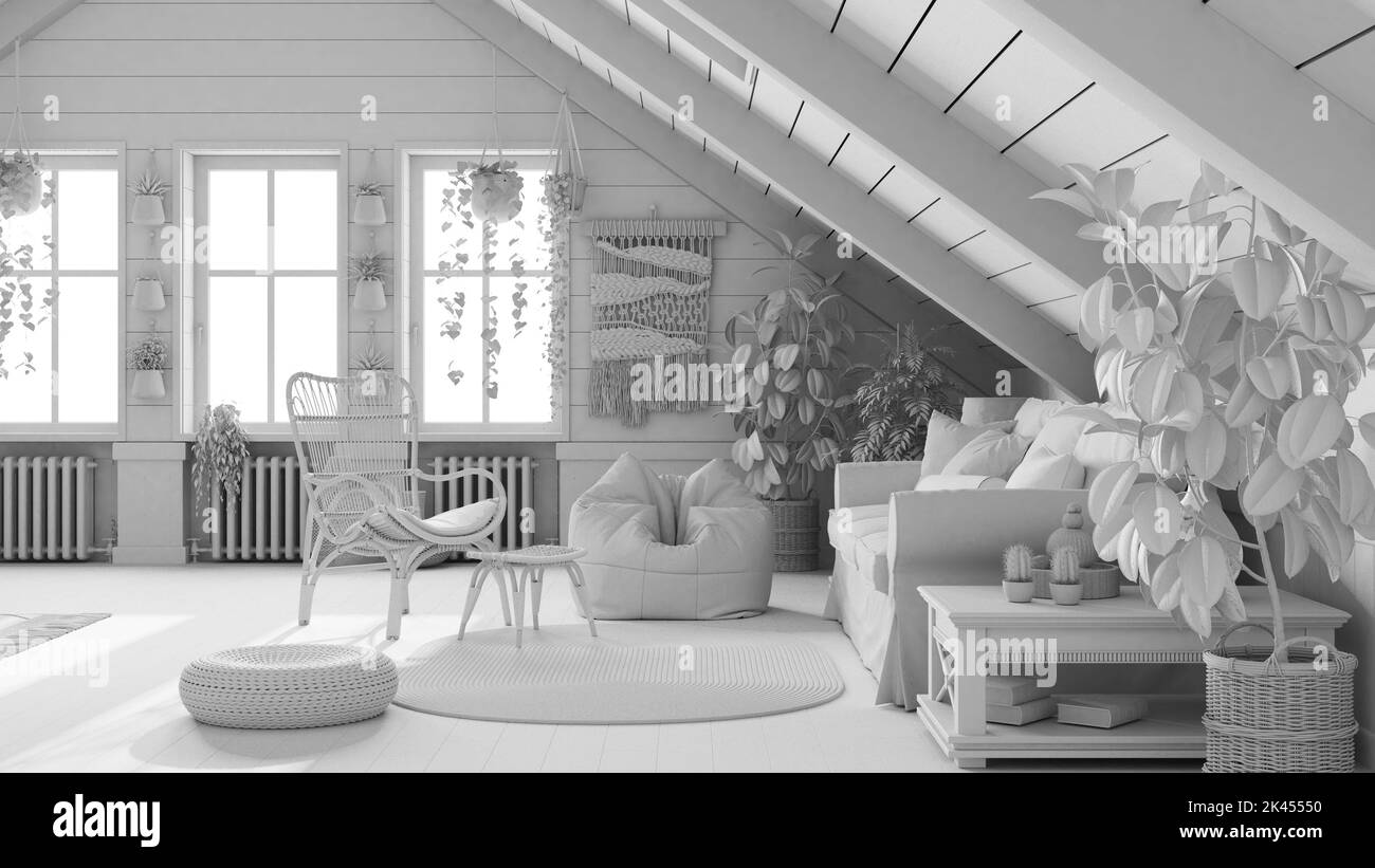Total white project draft, farmhouse mezzanine living room in boho ...