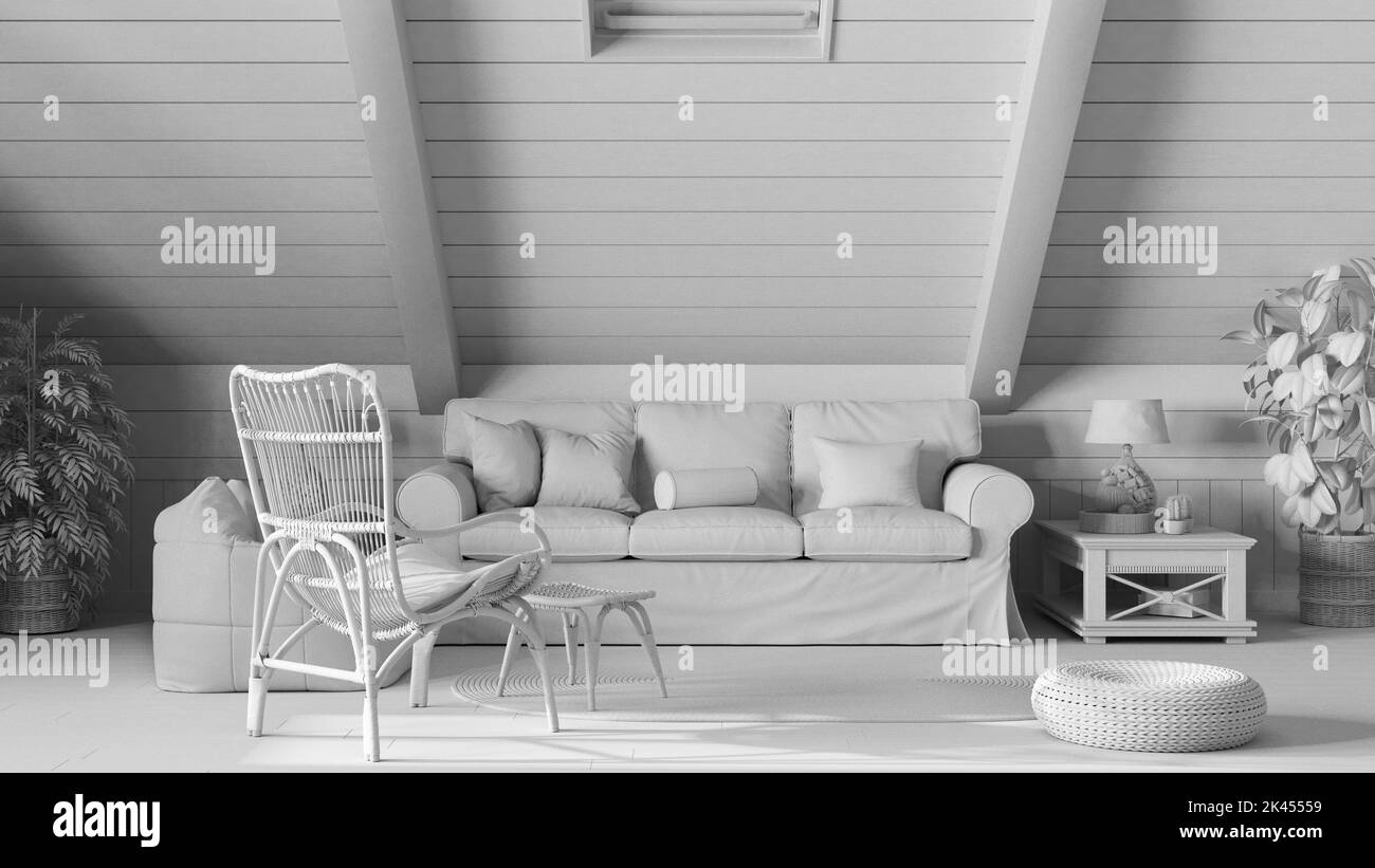 Total white project draft, country mezzanine living room in boho style ...