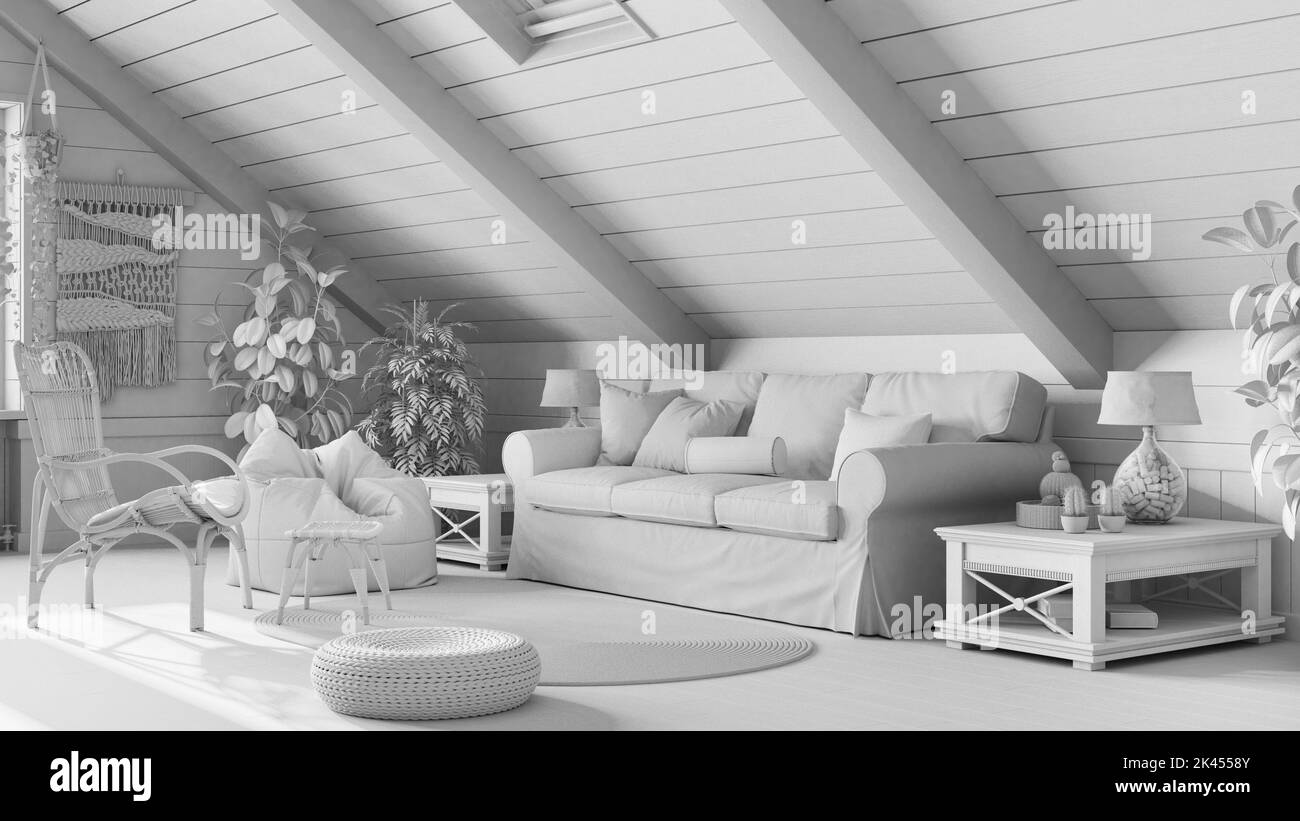 Total white project draft, country mezzanine living room in boho style ...