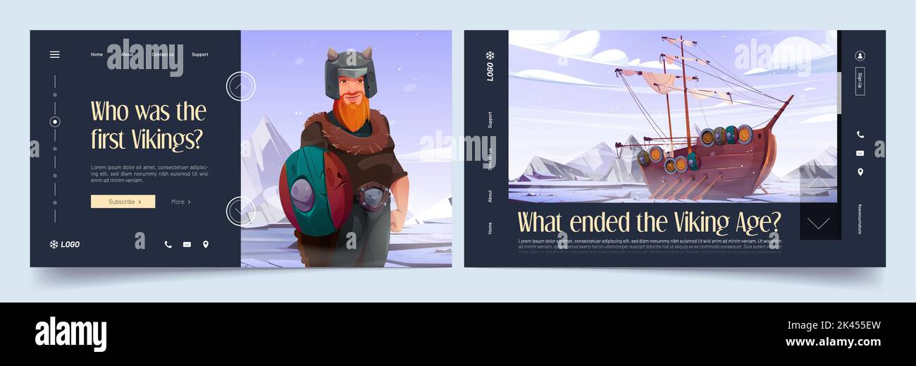 Vikings history landing page templates set. Cartoon vector illustration ...