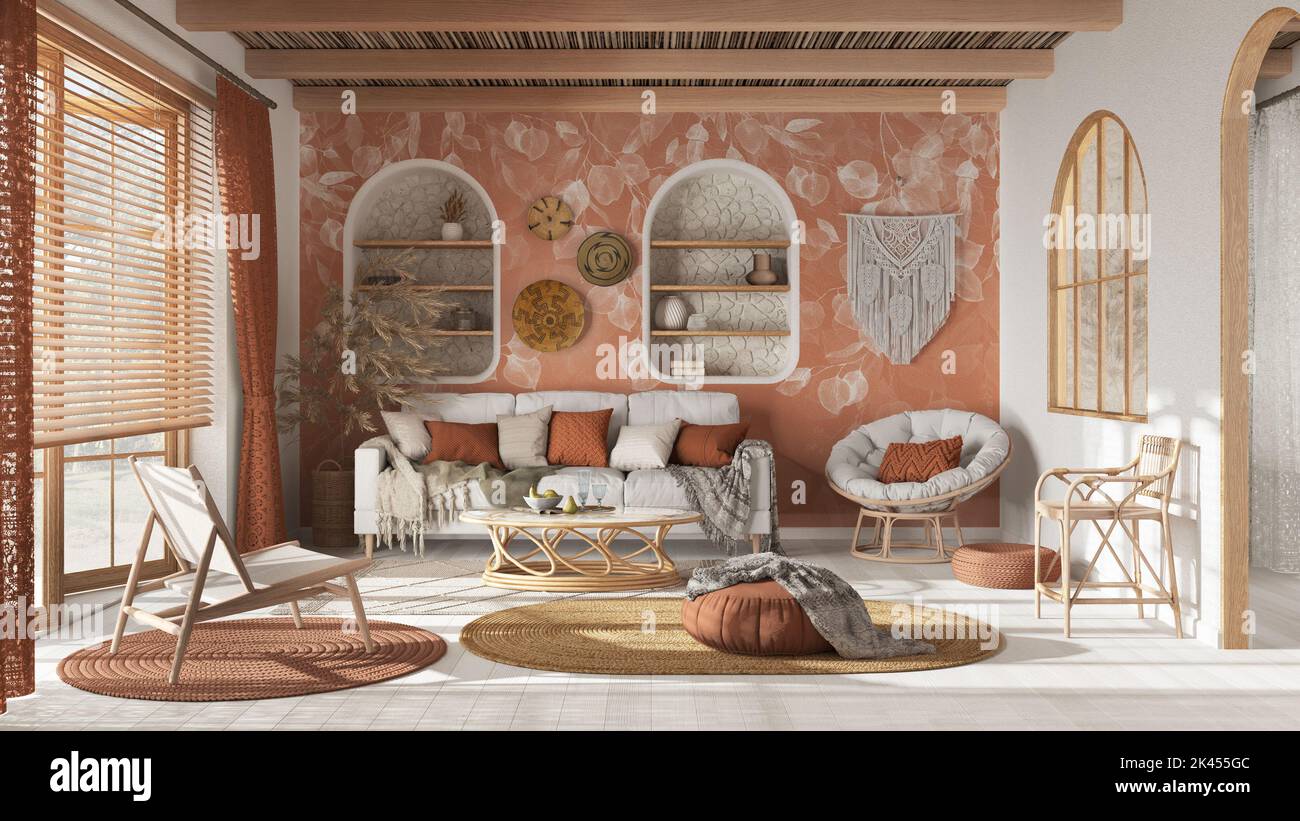 Bohemian wooden living room with wallpaper, parquet and cane ceiling ...