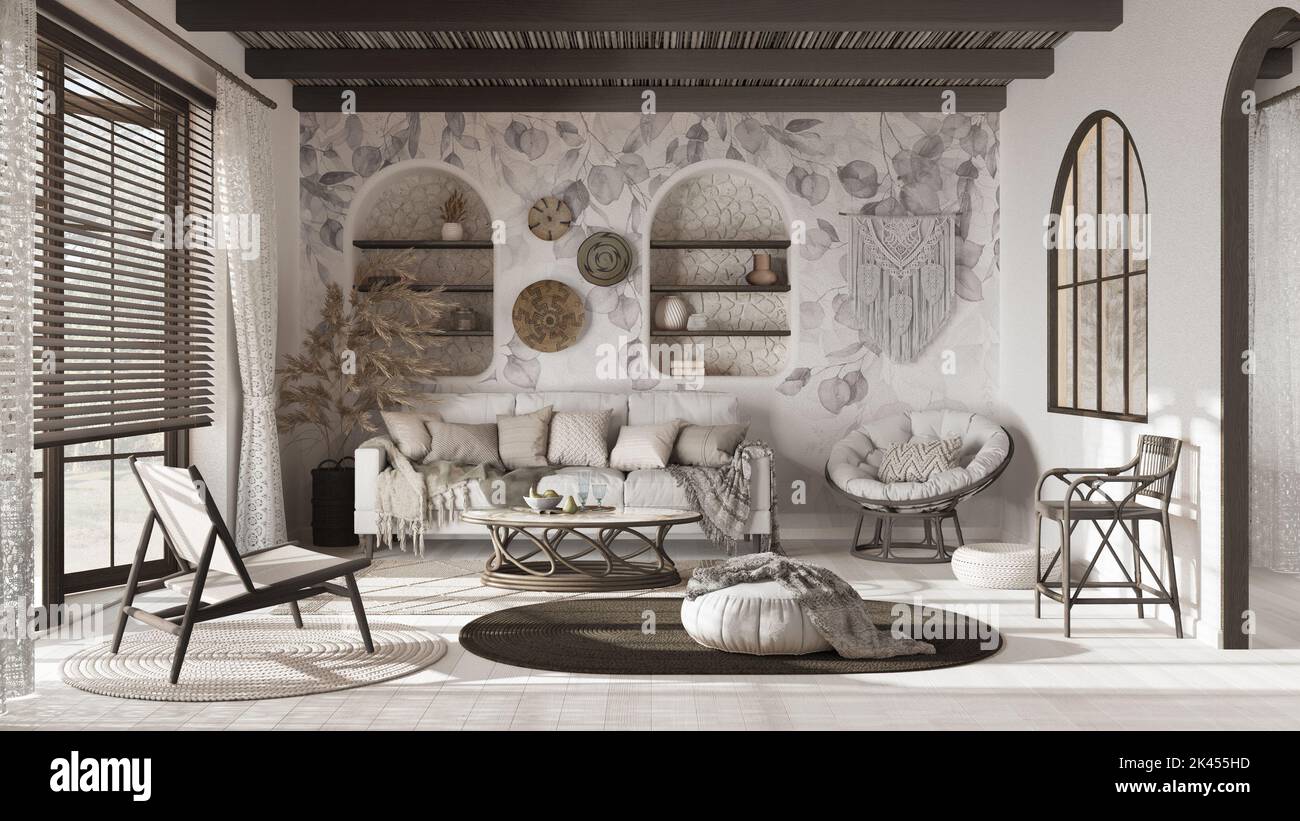 Bohemian wooden living room with wallpaper, parquet and cane ceiling ...