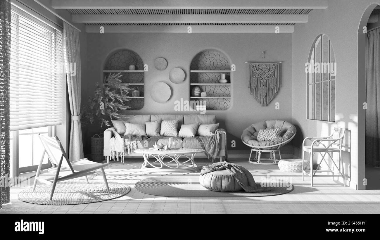 Total white project draft, bohemian wooden living room with parquet and ...