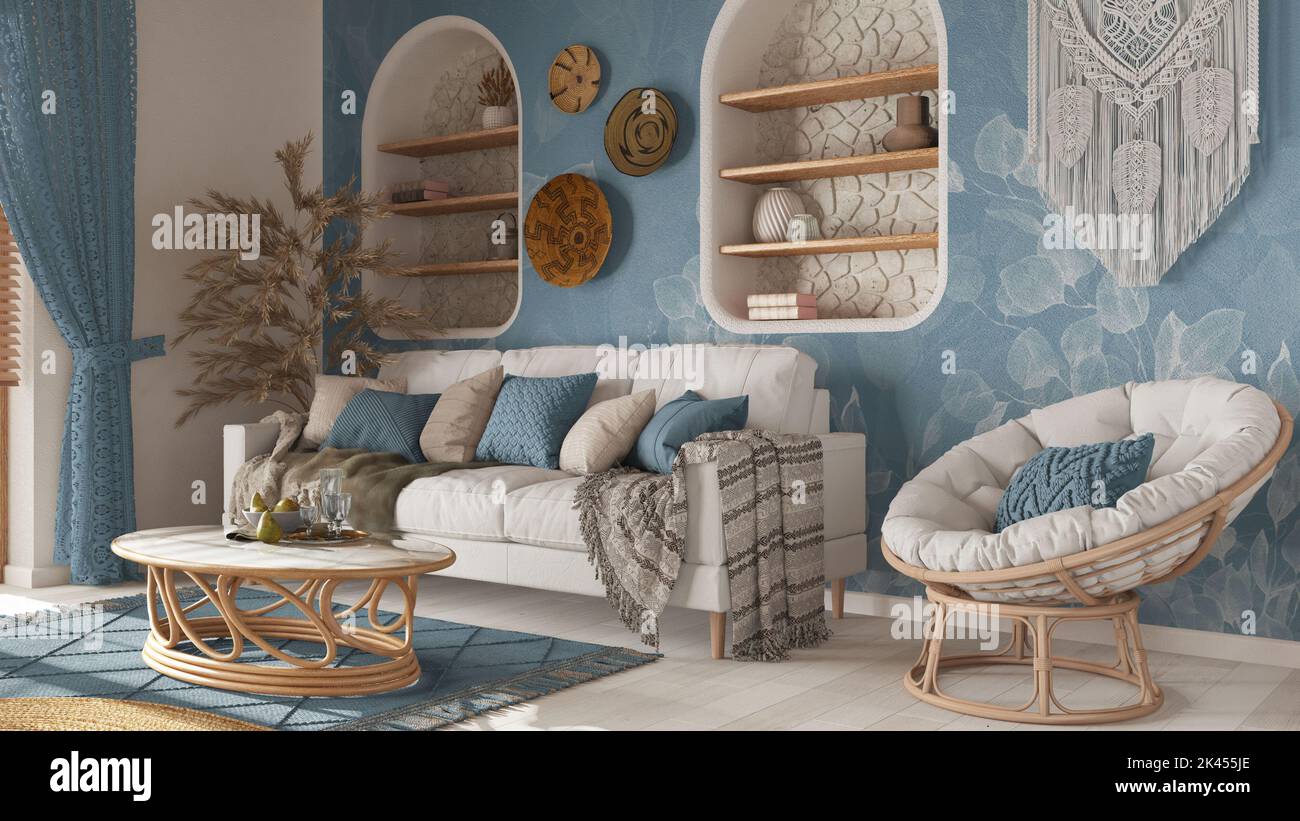 Wooden living room in boho style with wallpaper and parquet. Sofa, jute ...