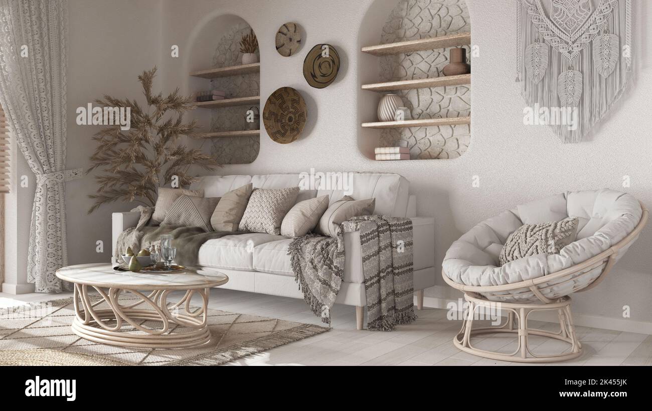 Wooden living room in boho style with plaster walls and parquet. Sofa ...