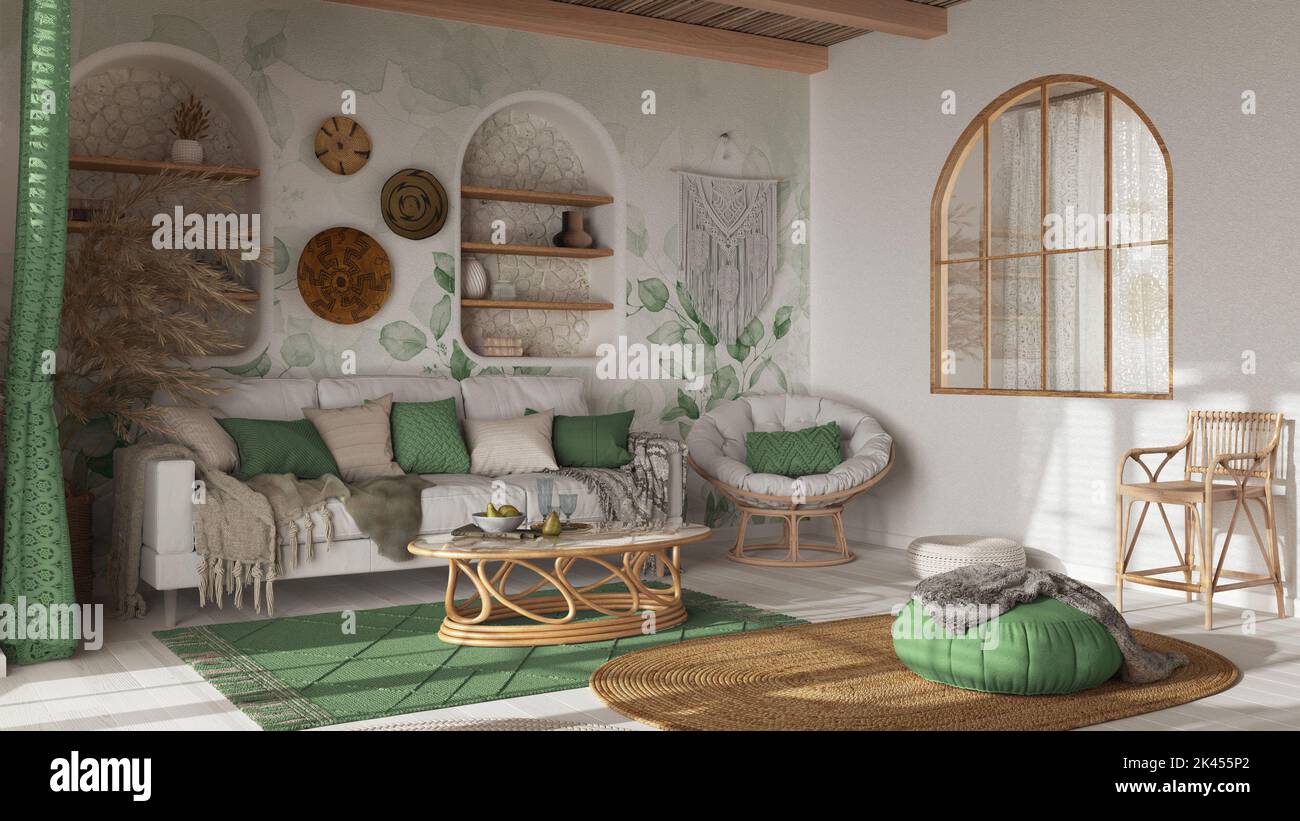 Bohemian wooden living room in white and green tones, wallpaper ...
