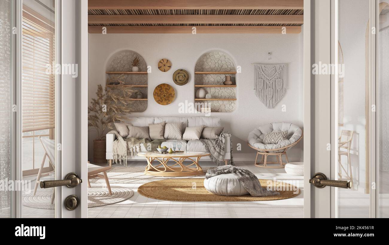 Classic white glass door opening on bohemian wooden living room in boho ...