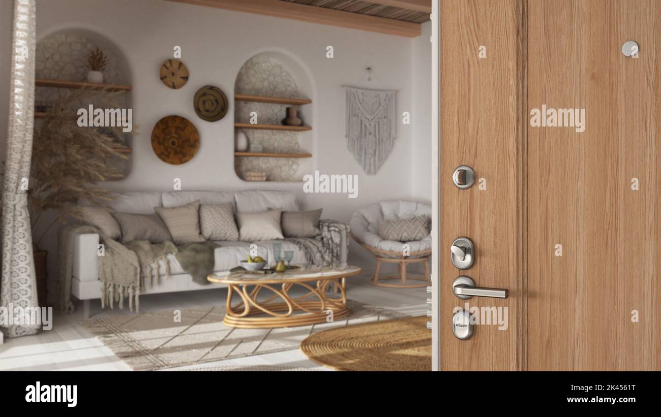 Wooden entrance door opening on bohemian wooden living room in boho ...