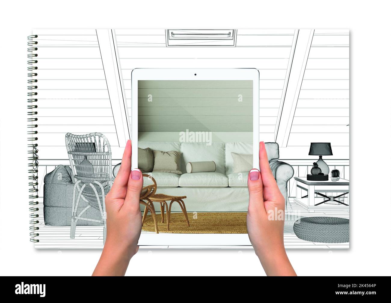 Hands holding tablet showing living room in boho style, total blank ...
