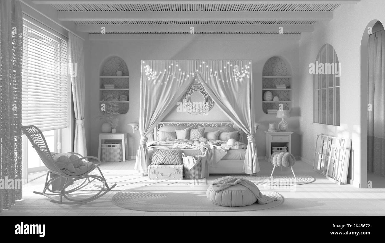 Total white project draft, bohemian bedroom with canopy bed. Parquet ...