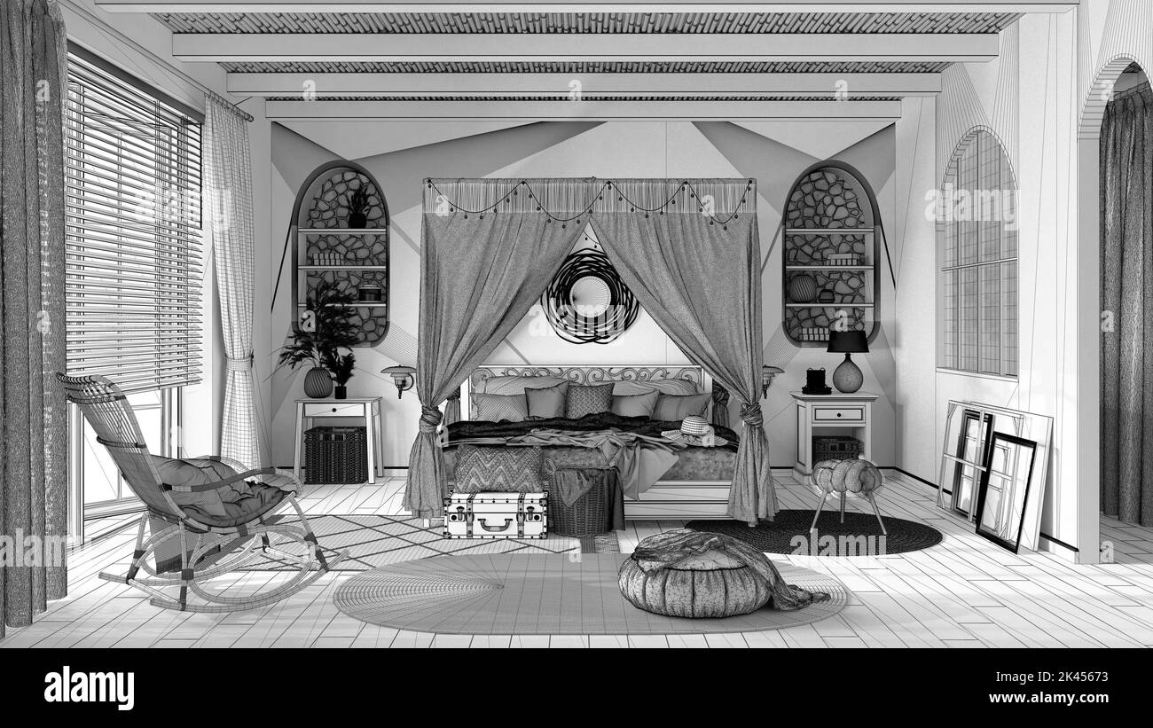 Blueprint unfinished project draft, bohemian bedroom with canopy bed ...