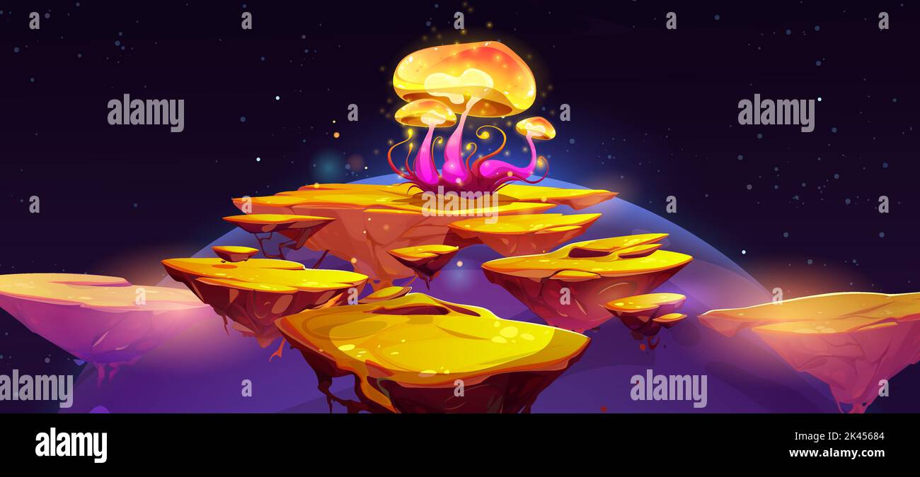 Fantasy mushroom on flying island in space. Cartoon alien magic plant ...