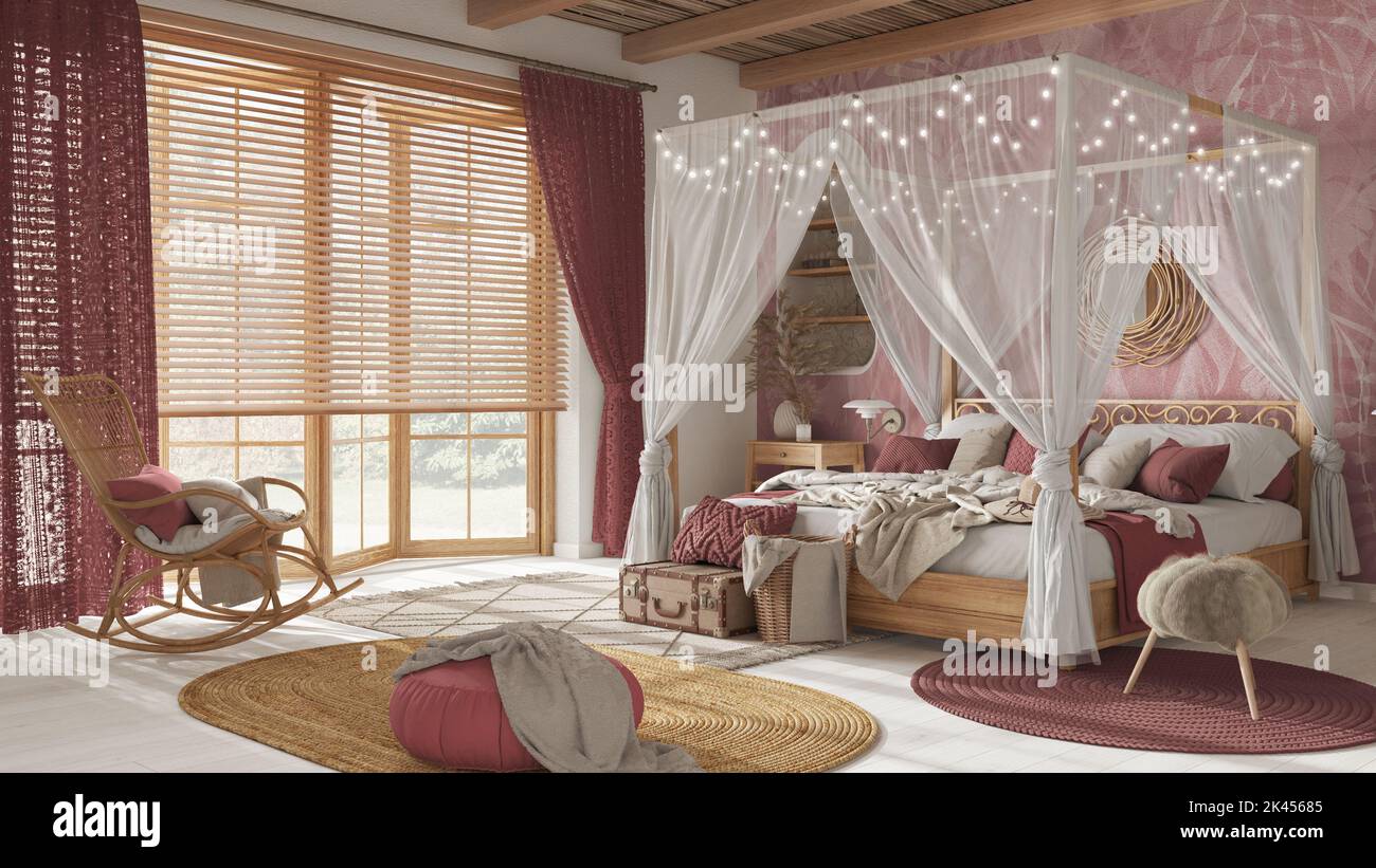 Elegant bedroom with canopy bed in white and red tones. Parquet ...
