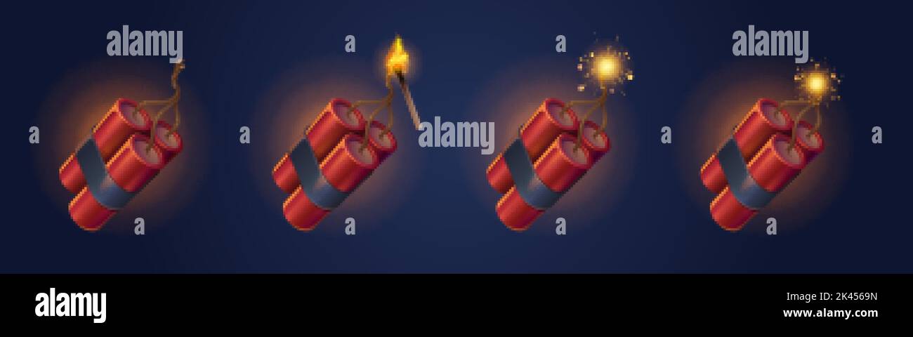 Dynamite sticks with burning fuse and match. Explosive military or ...