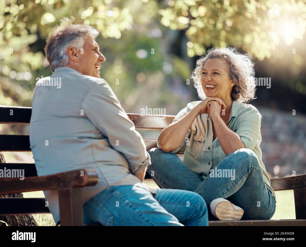 Park bench, couple and senior people with love and happiness in nature ...