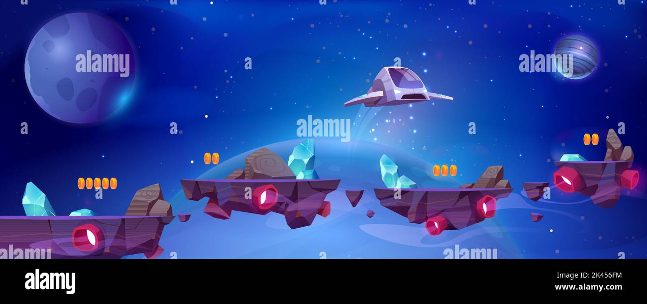 Space game background with spaceship and floating islands in cosmos ...