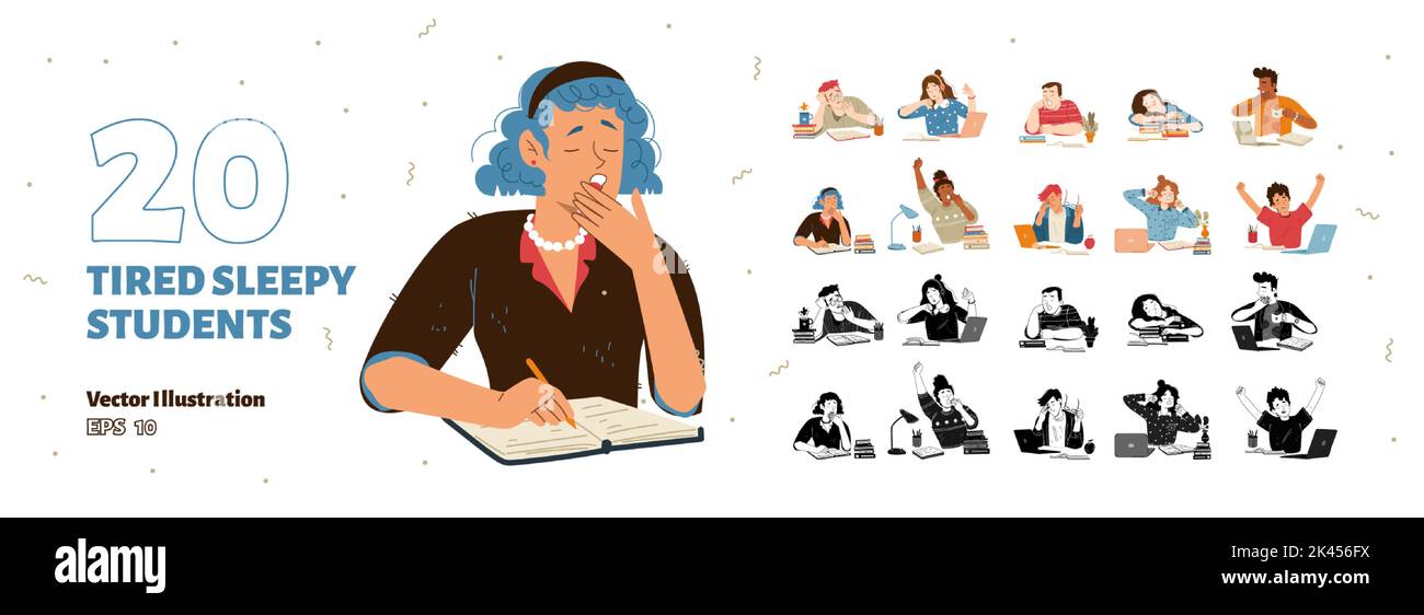 Tired sleepy students at desk with books and laptops. Diverse young ...