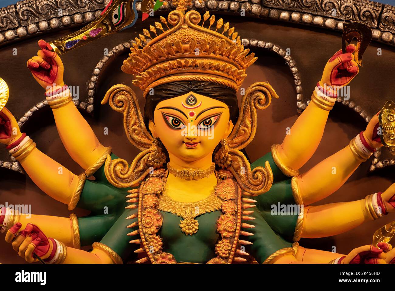 Goddess Durga devi idol decorated at puja pandal in Kolkata, West Bengal, India. Durga Puja is ...