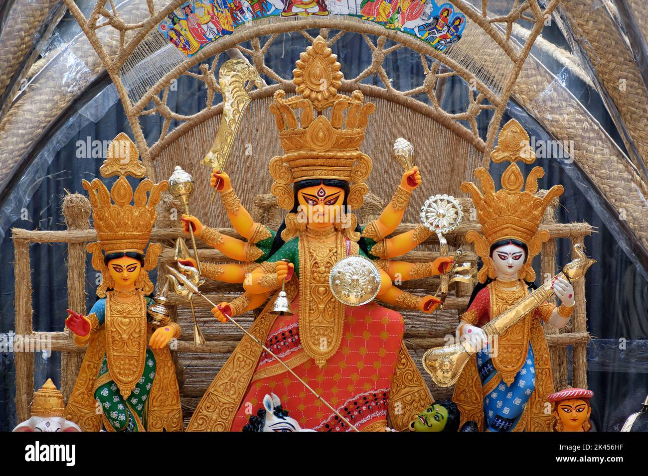 Goddess Durga devi idol decorated at puja pandal in Kolkata, West Bengal, India. Durga Puja is ...