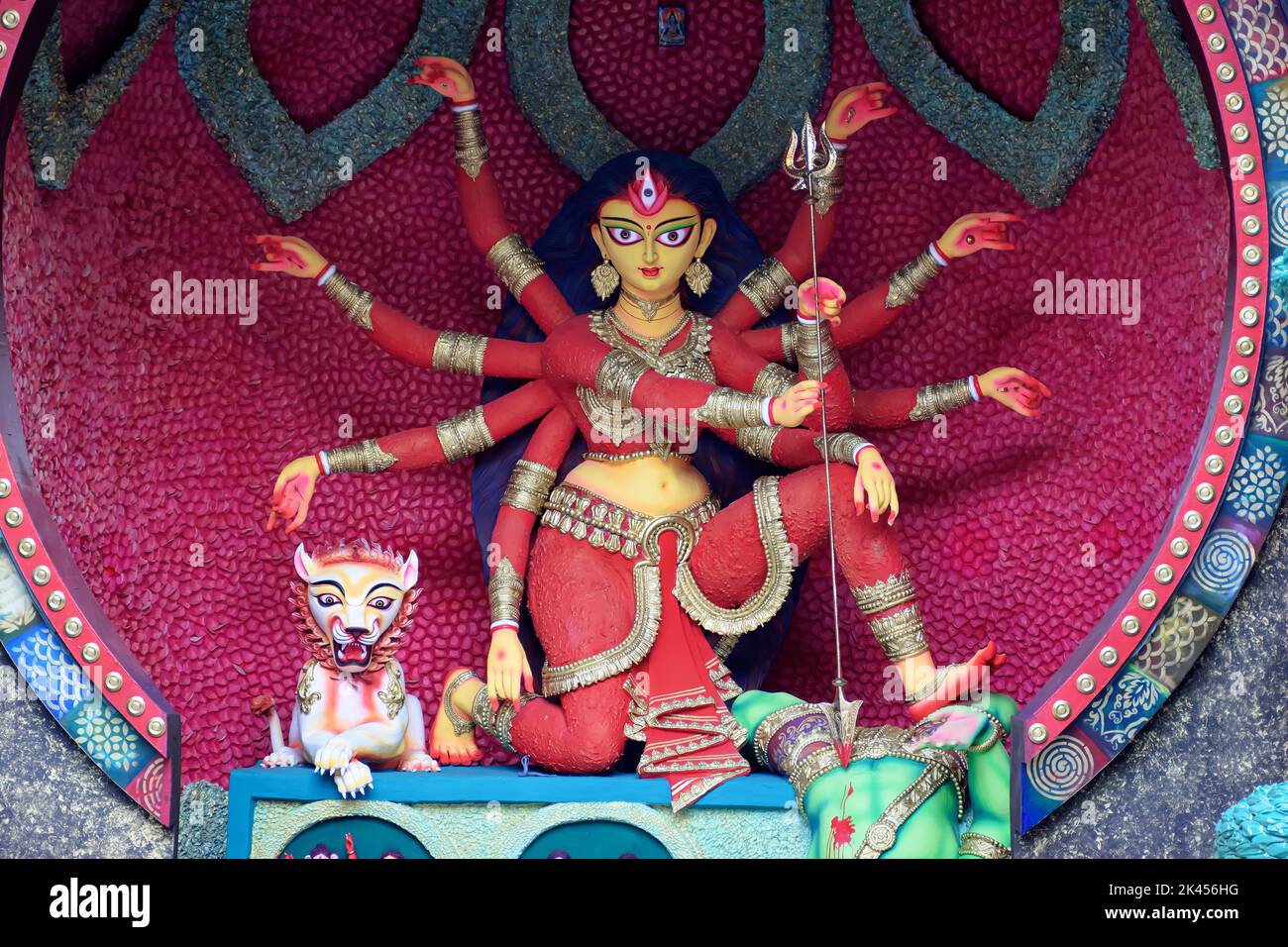 Goddess Durga devi idol decorated at puja pandal in Kolkata, West Bengal, India. Durga Puja is ...