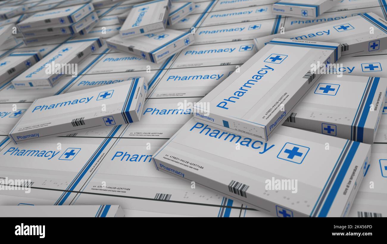 Pharmacy, medicine and healthcare box production line. Emergency and ...
