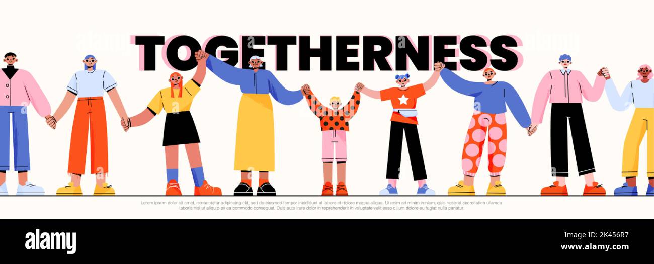 Togetherness banner with diverse people group holding hands. Vector ...