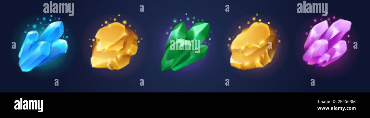 Magic crystals, precious gemstones with glow and sparkles. Game icons ...