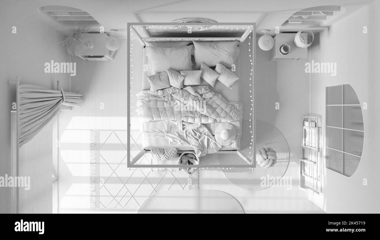 Total white project draft, bohemian bedroom with canopy bed. Parquet ...